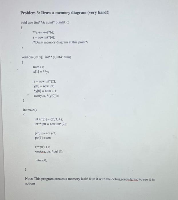 Solved Problem 3: Draw a memory diagram (very hard!) void | Chegg.com