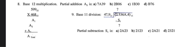 Solved 8. Base 12 multiplication. Partial addition A, is: a) | Chegg.com