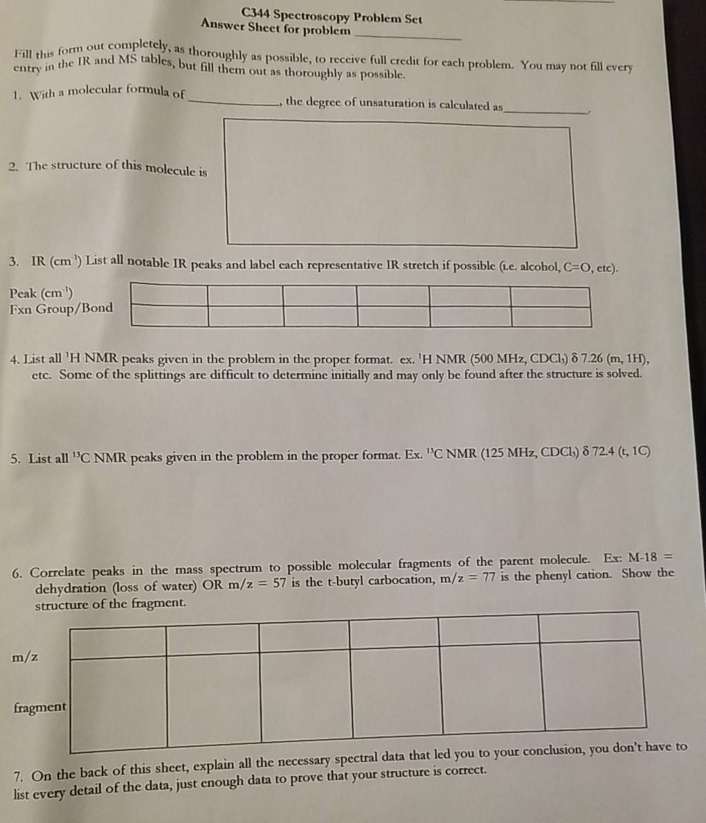 Solved Fill this form out C344 Spectroscopy Problem Set | Chegg.com
