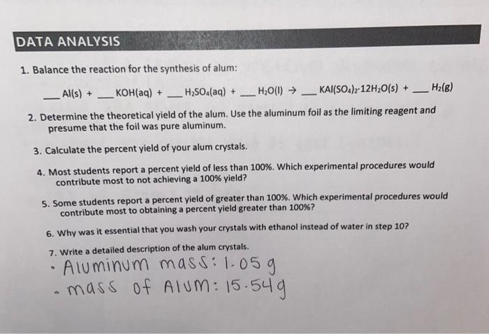 Solved 1. Balance the reaction for the synthesis of alum: | Chegg.com