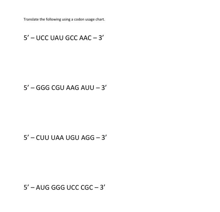 Solved Translate the following using a codon usage chart. 5' | Chegg.com