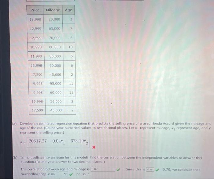 Solved The data below contains mileage, age, and selling | Chegg.com