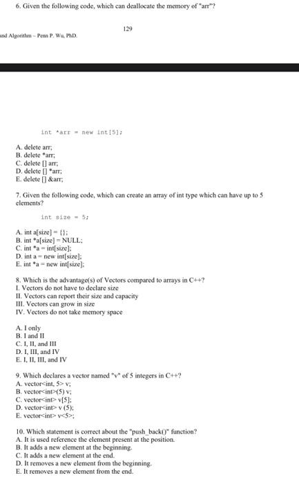 Solved 6. Given the following code, which can deallocate the | Chegg.com