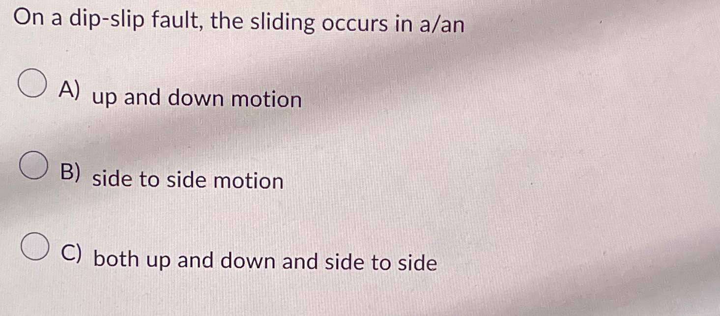 Solved On a dip-slip fault, the sliding occurs in a/anA) ﻿up | Chegg.com