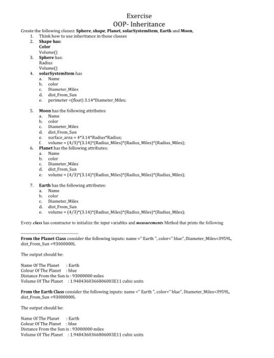 Solved al Exercise OOP- Inheritance Create the following | Chegg.com