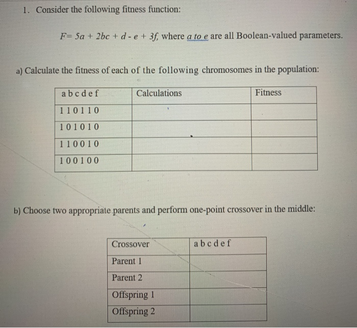 1. Consider the following fitness function: F= 5a + | Chegg.com