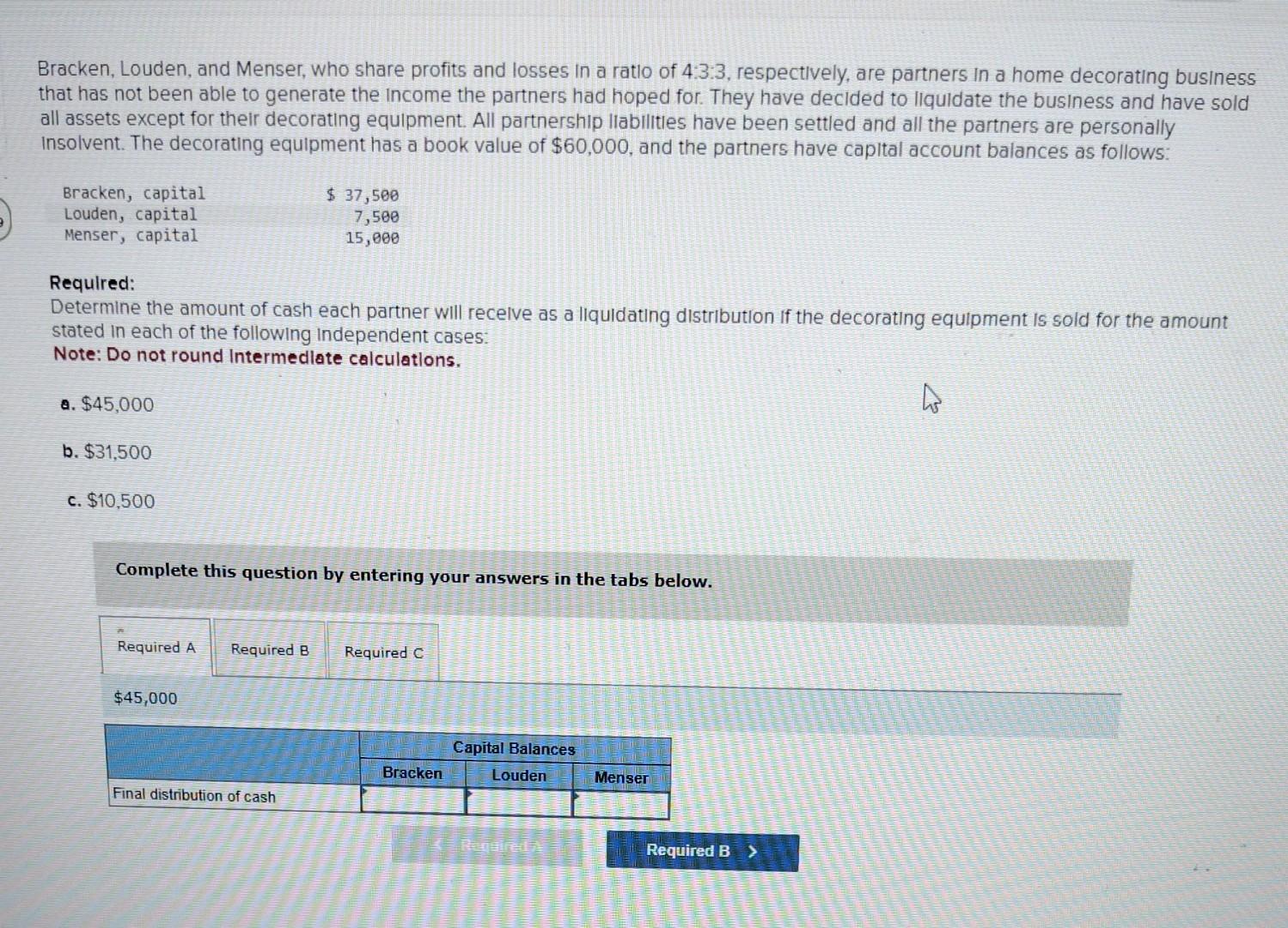 Solved Bracken, Louden, and Menser, who share profits and | Chegg.com