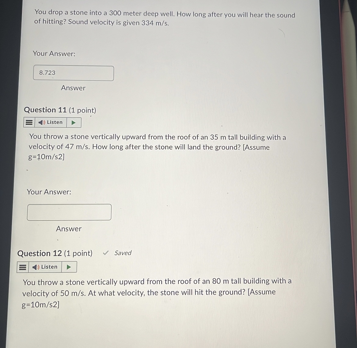 Solved You drop a stone into a 300 ﻿meter deep well. How | Chegg.com