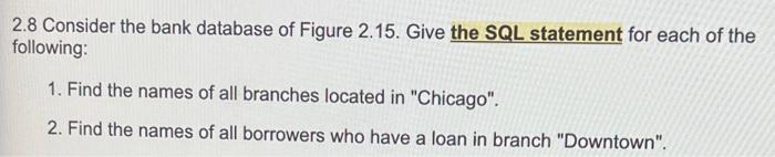 Solved 2.8 Consider the bank database of Figure 2.15. Give | Chegg.com