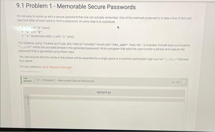 Solved 9.1 Problem 1 - Memorable Secure Passwords It's not | Chegg.com
