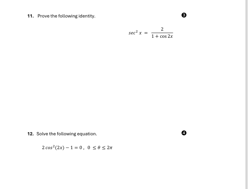 Solved Prove the following identity.(3)sec2x=21+cos2xSolve | Chegg.com
