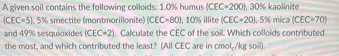 Solved A given soil contains the following colloids: 1.0% | Chegg.com