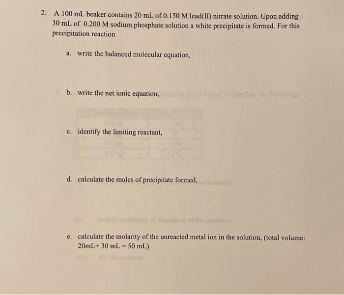 Solved 2. A 100 mL beaker contains 20 mL of 0.150M lead(II) | Chegg.com