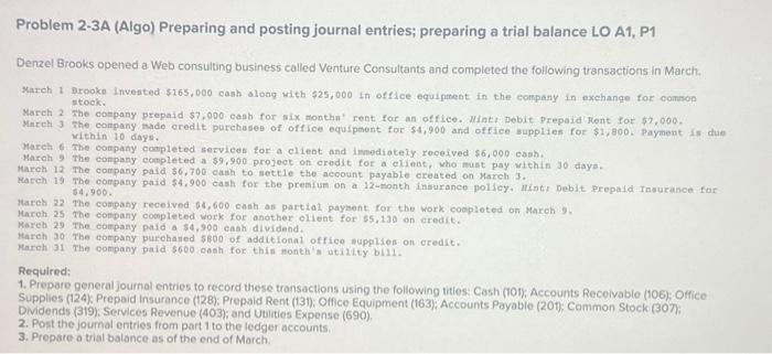 Solved Problem 2-3A (Algo) Preparing and posting journal | Chegg.com