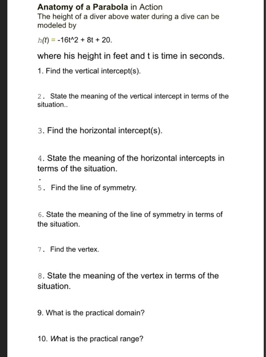 Solved Anatomy of a Parabola in Action The height of a diver | Chegg.com