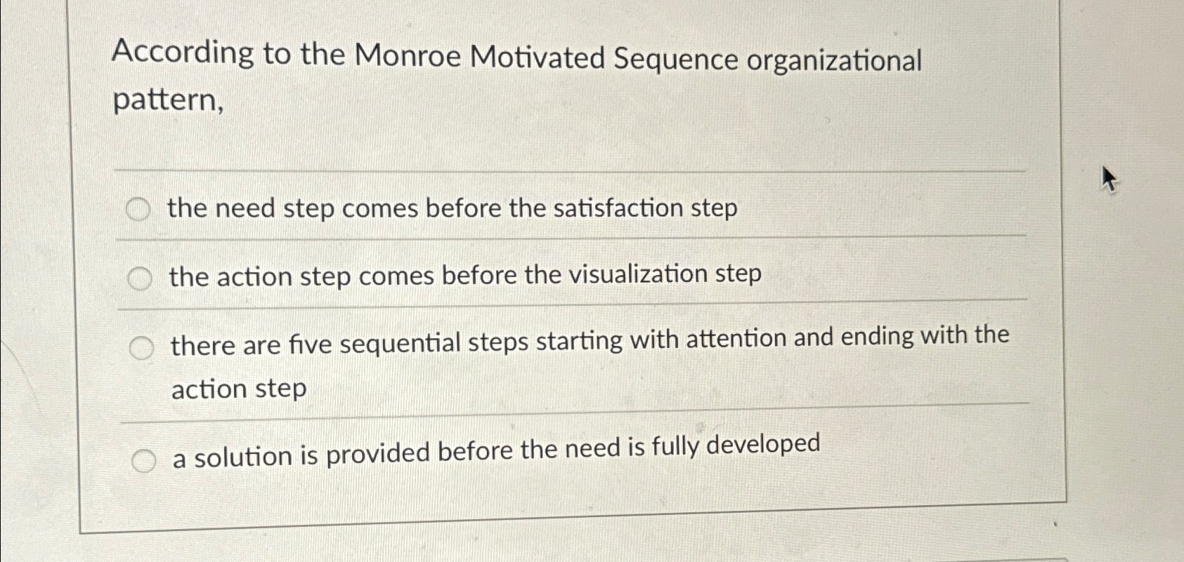Solved According to the Monroe Motivated Sequence | Chegg.com