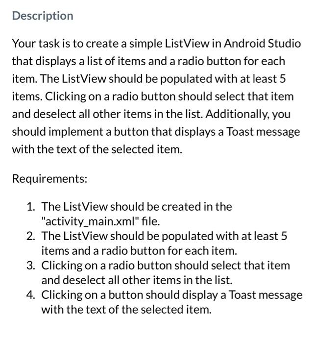 Solved Description Your task is to create a simple ListView | Chegg.com