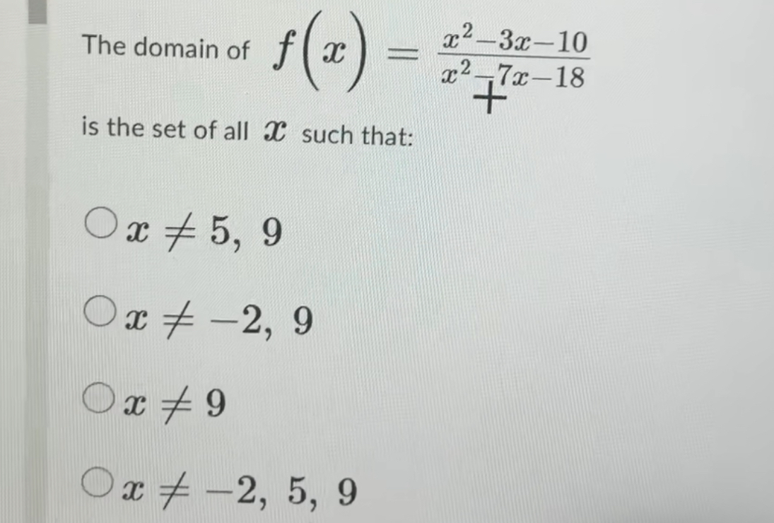 Solved The domain of f(x)=x2-3x-10x2-7x-18 ﻿is the set of | Chegg.com