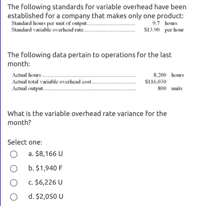 Solved The following standards for variable overhead have | Chegg.com