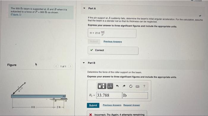 Solved The 500-lb beam is supported at A and B when it is | Chegg.com