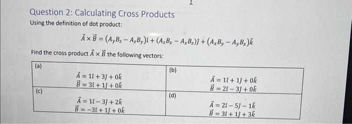 Solved Question 2: Calculating Cross Products Using the | Chegg.com