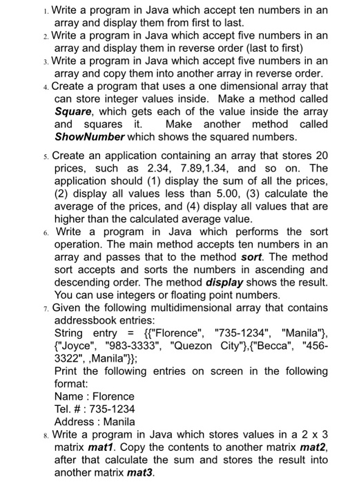 Solved 2. 1. Write a program in Java which accept ten | Chegg.com