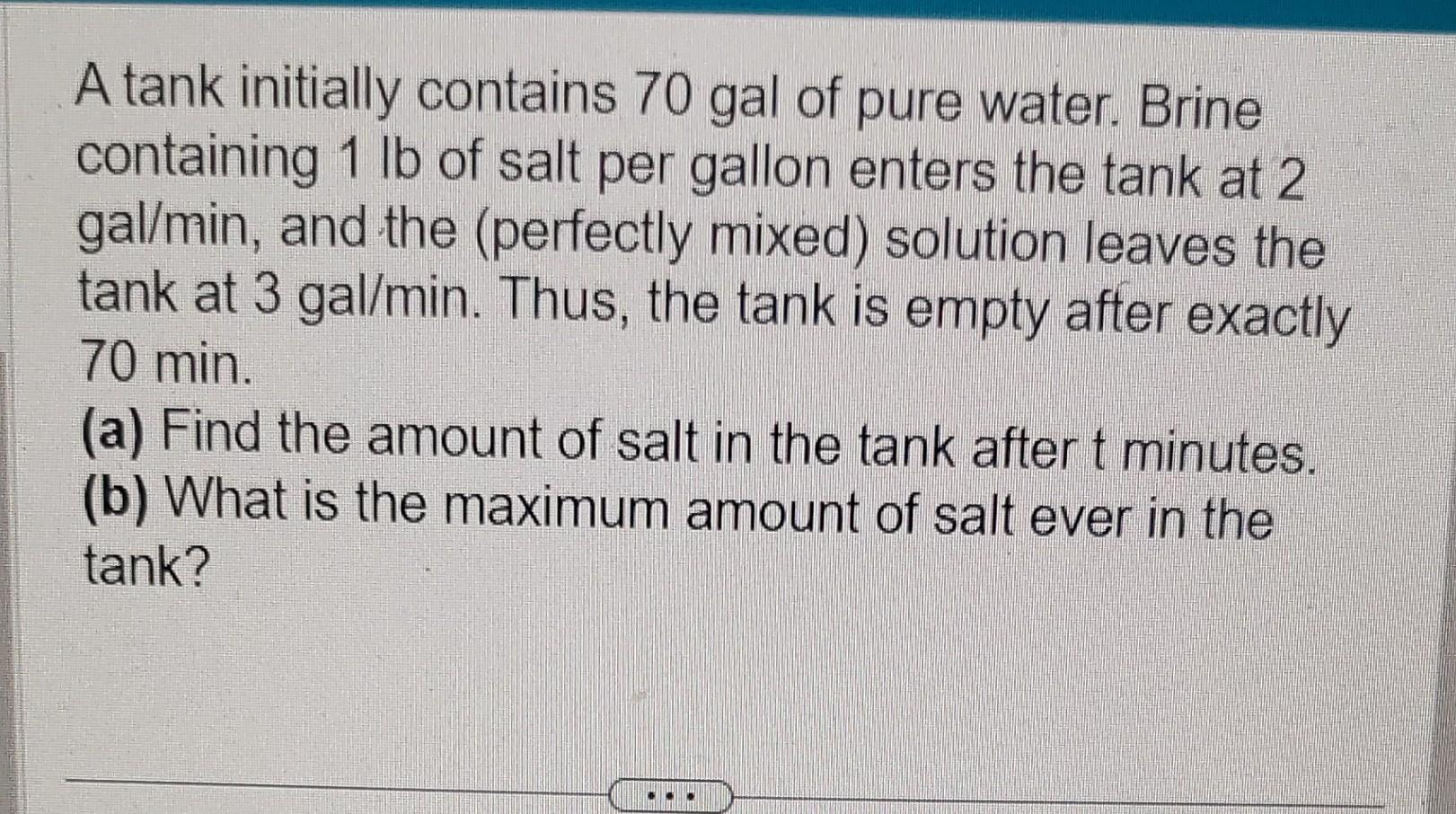 Solved A tank initially contains 70gal of pure water. Brine | Chegg.com