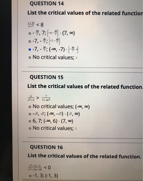 Solved QUESTION 14 List the critical values of the related | Chegg.com