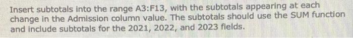 Solved Insert subtotals into the range A3:F13, with the | Chegg.com