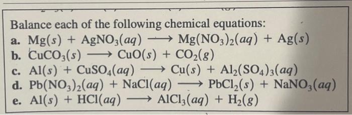 Solved TOT Balance each of the following chemical equations: | Chegg.com