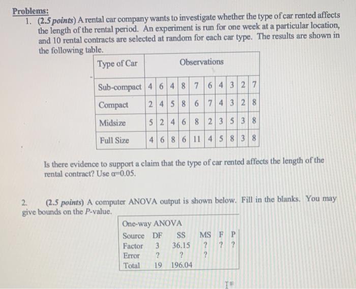 Solved roblems: 1. (2.5 points) A rental car company wants | Chegg.com Solved roblems: 1. (2.5 points) A rental car company wants | Chegg.com