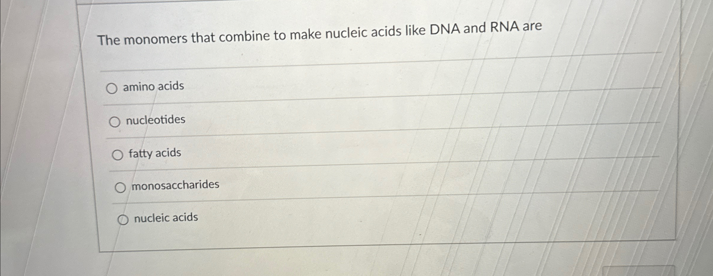 Solved The monomers that combine to make nucleic acids like | Chegg.com