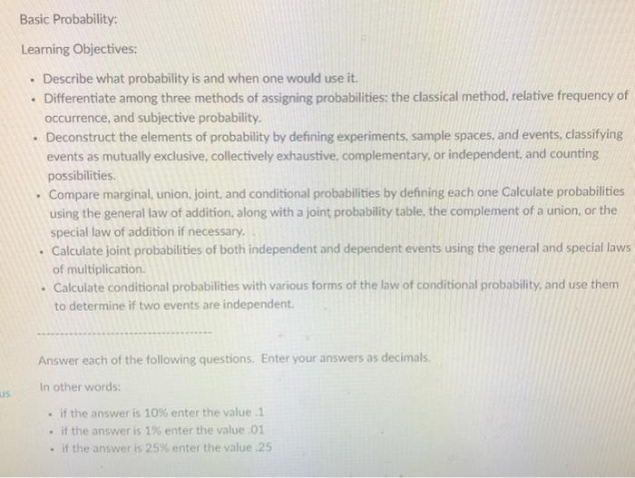 Solved Basic Probability: Learning Objectives: • Describe | Chegg.com