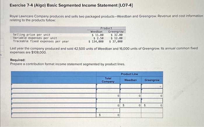 Solved Exercise 7-4 (Algo) Basic Segmented Income Statement | Chegg.com