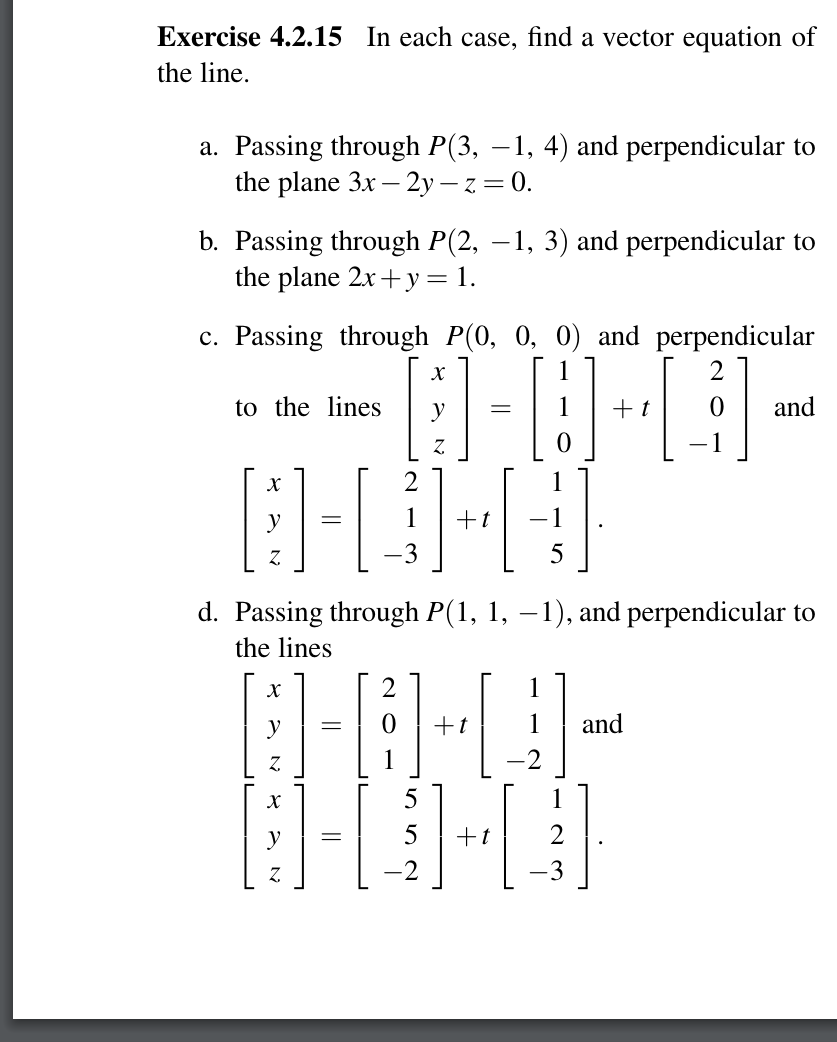 Solved Exercise 4.2.15 ﻿In each case, find a vector equation | Chegg.com