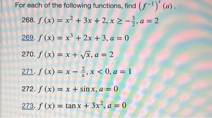 Solved For each of the following functions, find (f−1)′(a) | Chegg.com