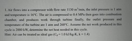 Solved 1. Air flows into a compressor with flow rate 1130 | Chegg.com