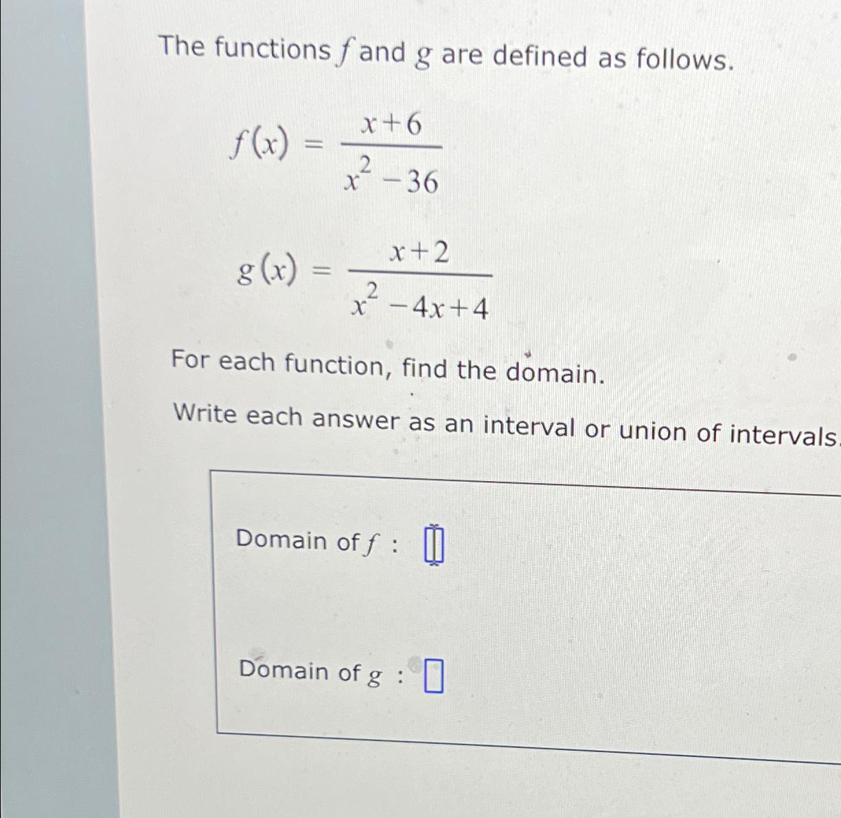 Solved The functions f ﻿and g ﻿are defined as | Chegg.com