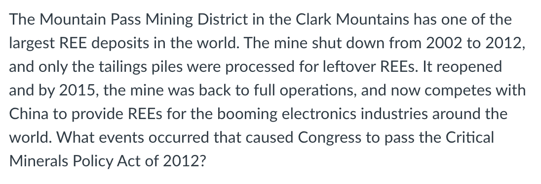 Solved The Mountain Pass Mining District in the Clark | Chegg.com