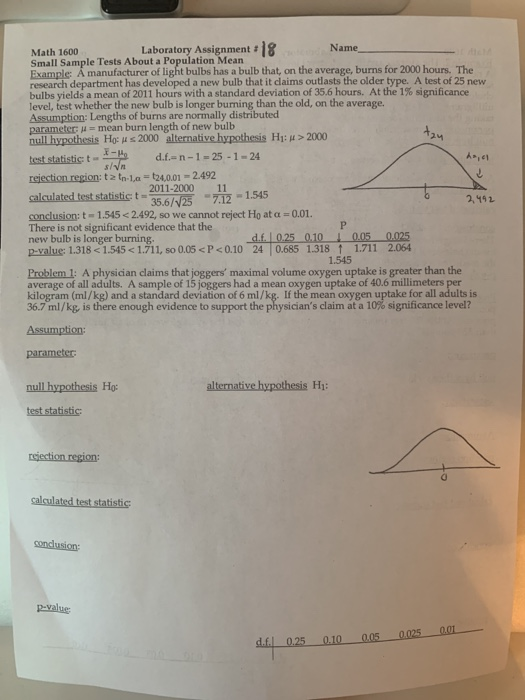 Solved Math 1600 Laboratory Assignment #18 Name Small Sample | Chegg.com