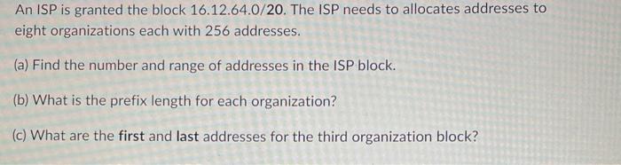 Solved An ISP is granted the block 16.12.64.0/20. The ISP | Chegg.com
