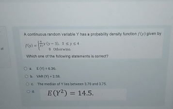 Solved A contimuous random variable Y ﻿has a probability | Chegg.com