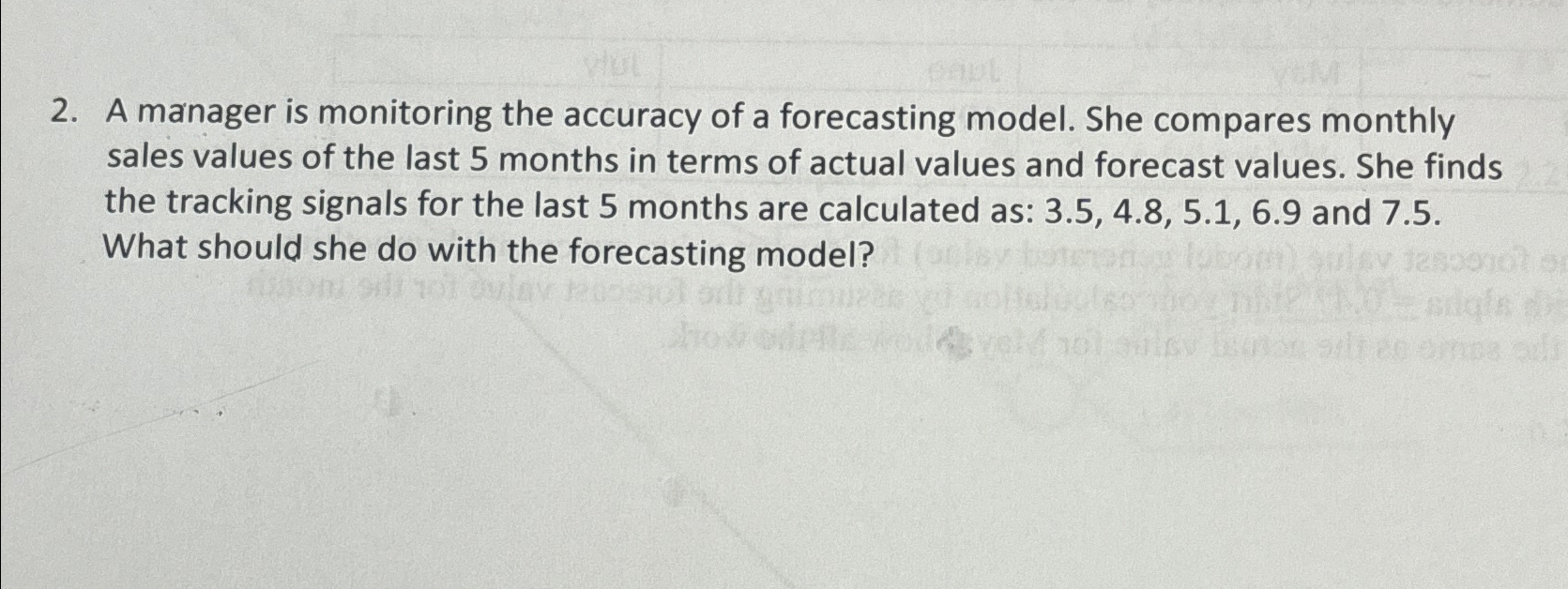 Solved A manager is monitoring the accuracy of a forecasting | Chegg.com