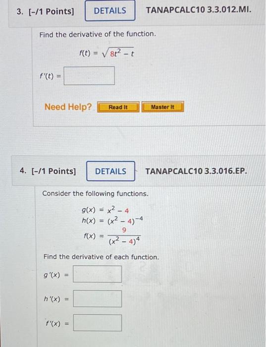 Solved 3. [-/1 Points) DETAILS TANAPCALC10 3.3.012.MI. Find | Chegg.com Solved 3. [-/1 Points) DETAILS TANAPCALC10 3.3.012.MI. Find | Chegg.com