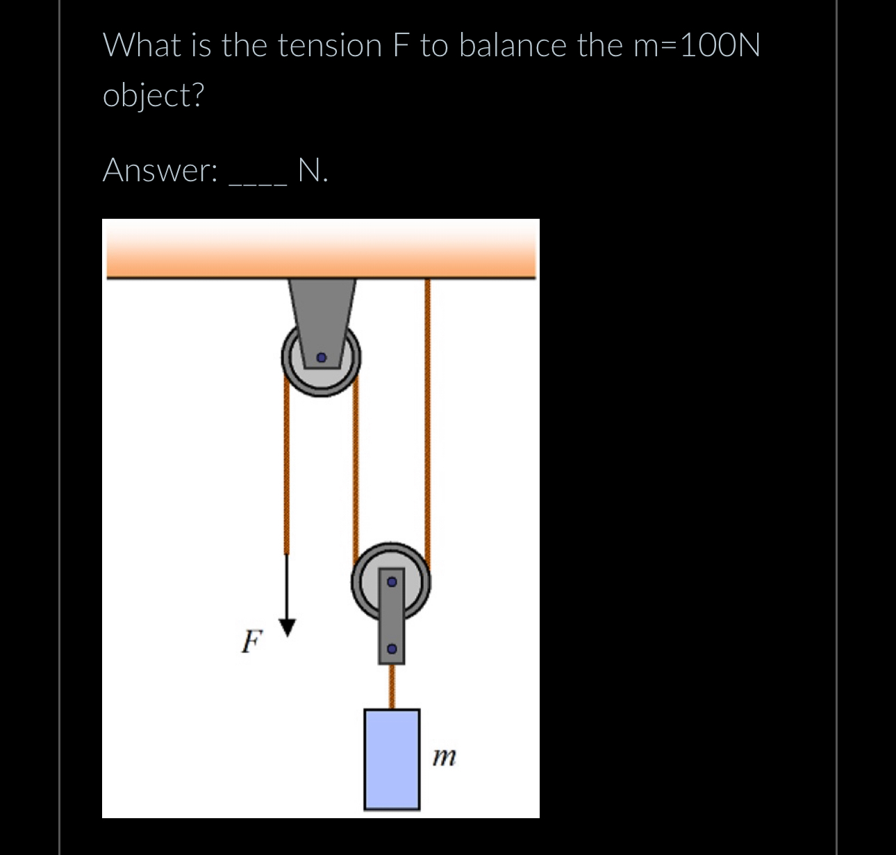 Solved What is the tension F ﻿to balance the m=100N | Chegg.com