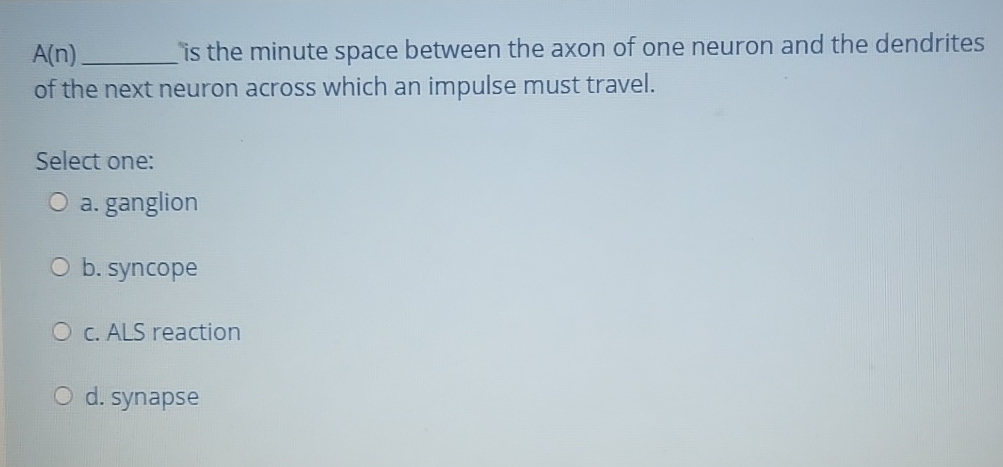 Solved A(n) ﻿is the minute space between the axon of one | Chegg.com