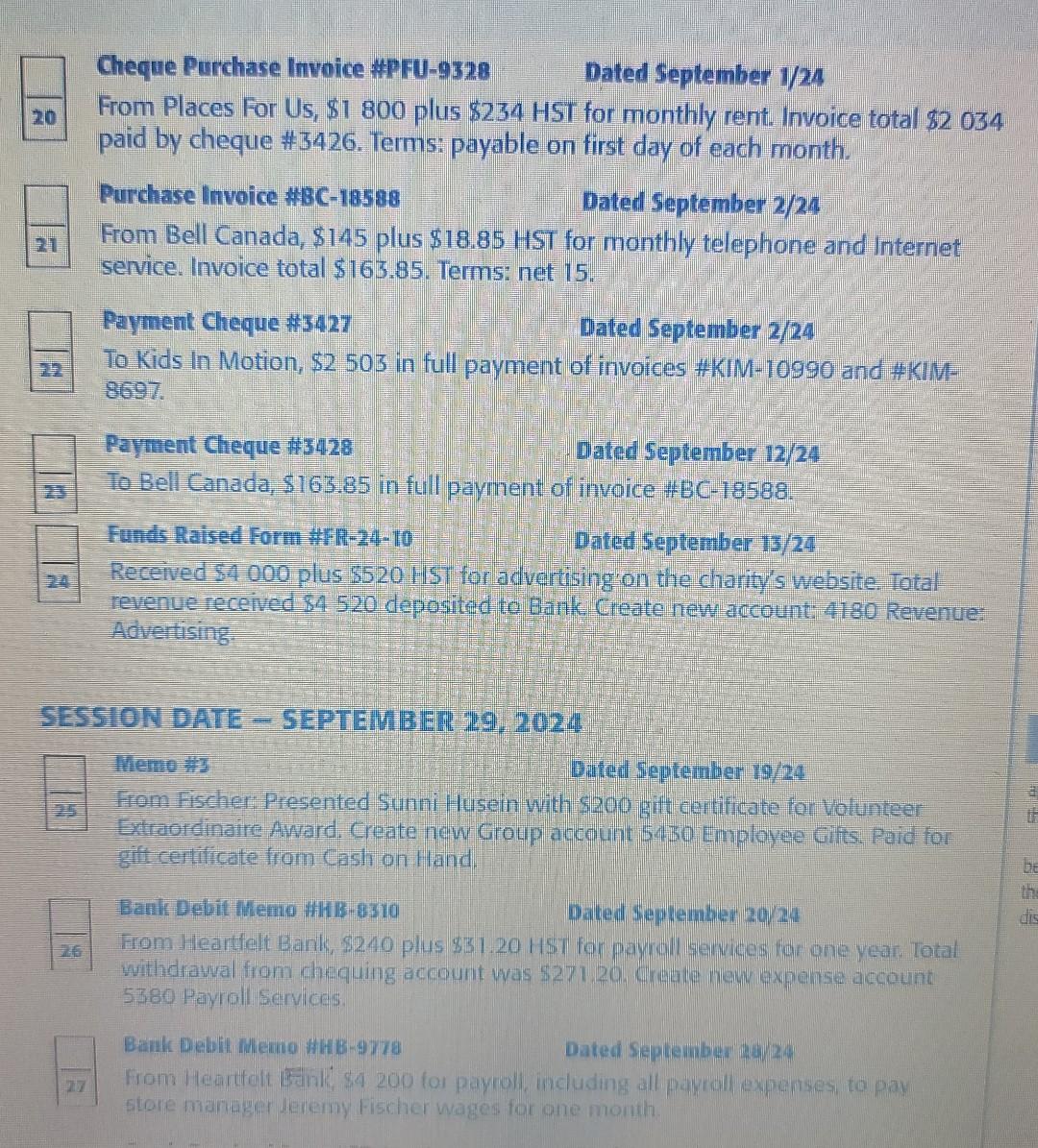 Solved Cheque Purchase Invoice #PFU-9328 Dated September | Chegg.com