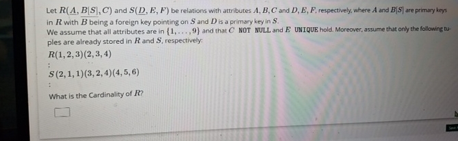 Solved Let R(A,B[S]2C) ﻿and S(D,E,F) ﻿be relations with | Chegg.com