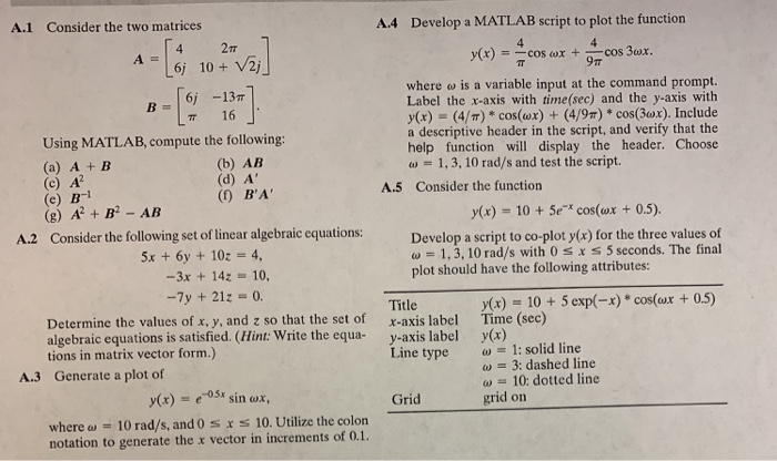 Solved A.1 Consider the two matrices A4 Develop a MATLAB | Chegg.com