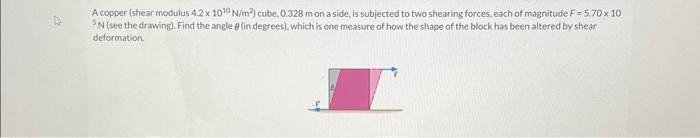 Solved A copper (shear modulus 4.2×1010 N/m2 ) cube, 0.328 m | Chegg.com